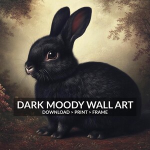Black Rabbit Printable Wall Art, Gothic Woodland Animal Print, Vintage ...