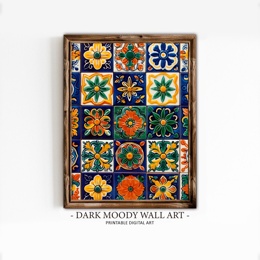 Mexican Talavera Tile Printable Wall Art, Rustic Moody Pattern Decor ...