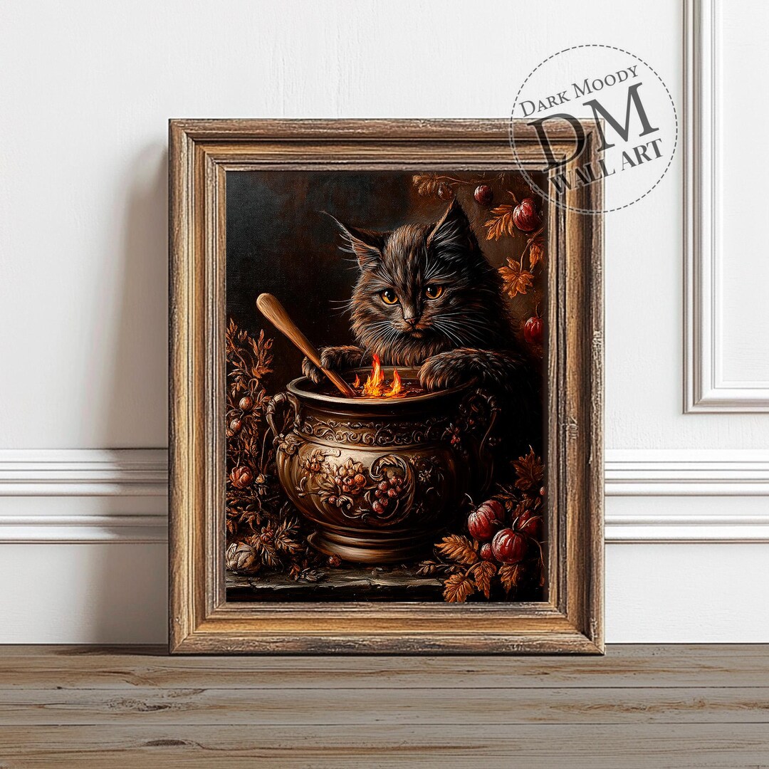 Witchy Cat Cauldron Scene, Printable Dark Moody Wall Art, Whimsical ...