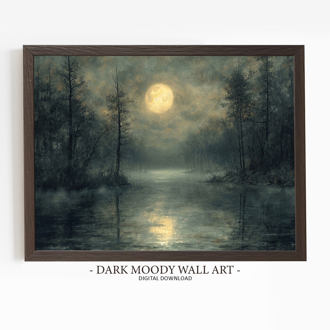 Dark Moonlight Prints, Moody Forest Landscape Painting, Dark Academia ...