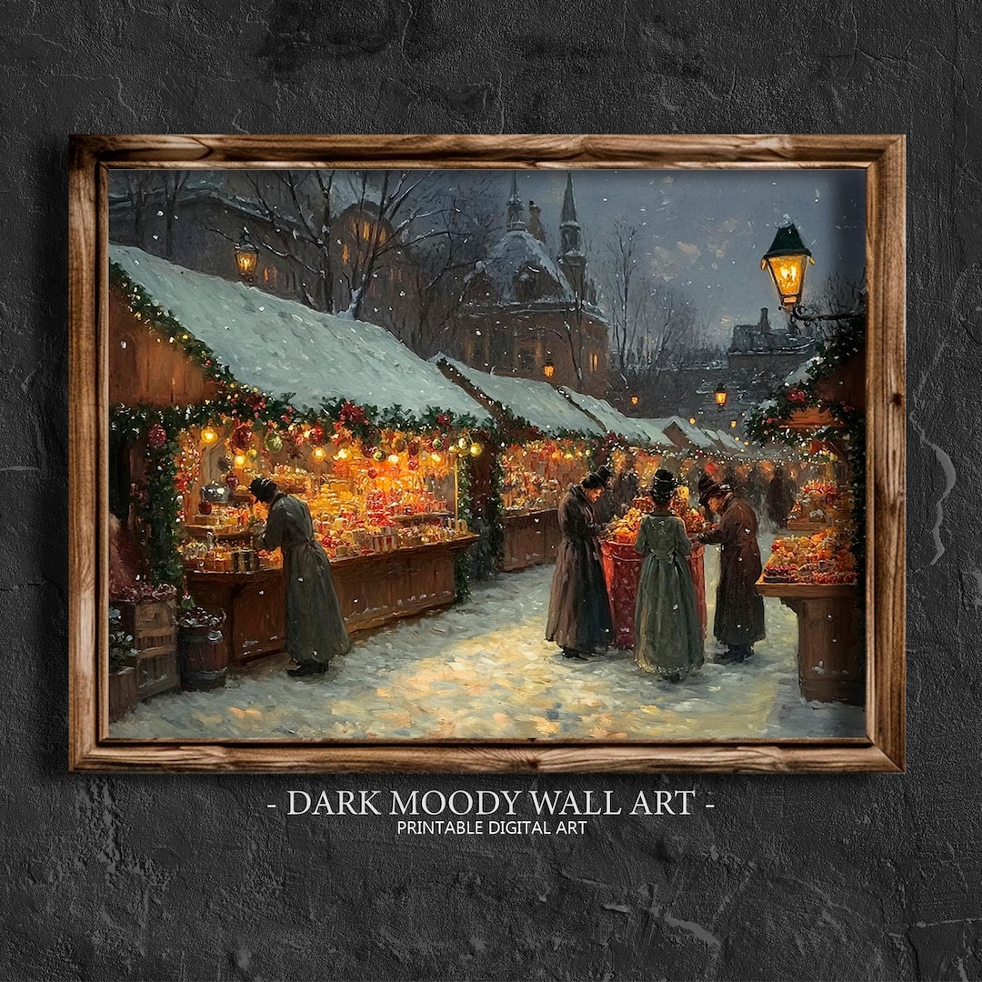 Victorian Christmas Market Print, Printable Vintage Town Scene Wall Art ...