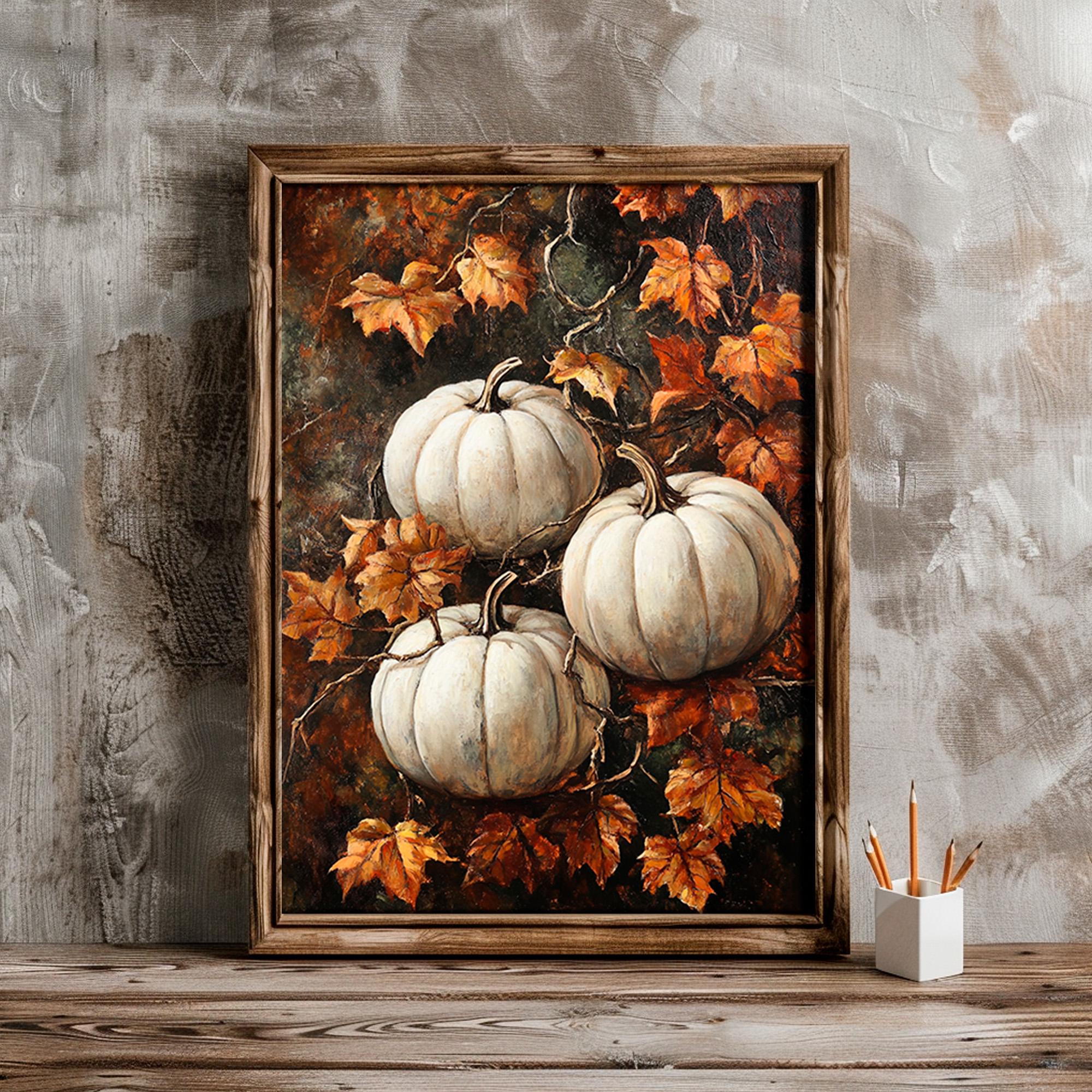 White Pumpkin Printable Wall Art, Rustic Autumn Harvest Print, Vintage ...