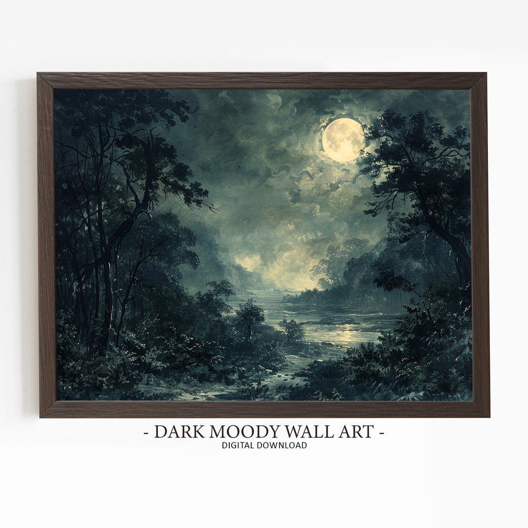 Full Moon Print, Dark Moody Moonlight Painting, Moody Landscape Art ...