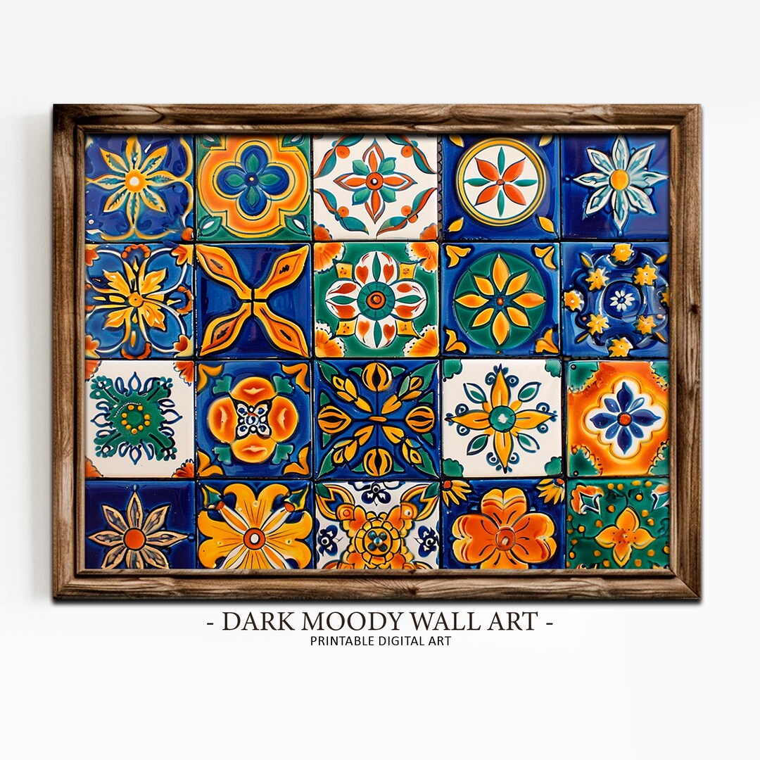 Mexican Talavera Tile Printable Wall Art, Colorful Folk Pattern Kitchen ...