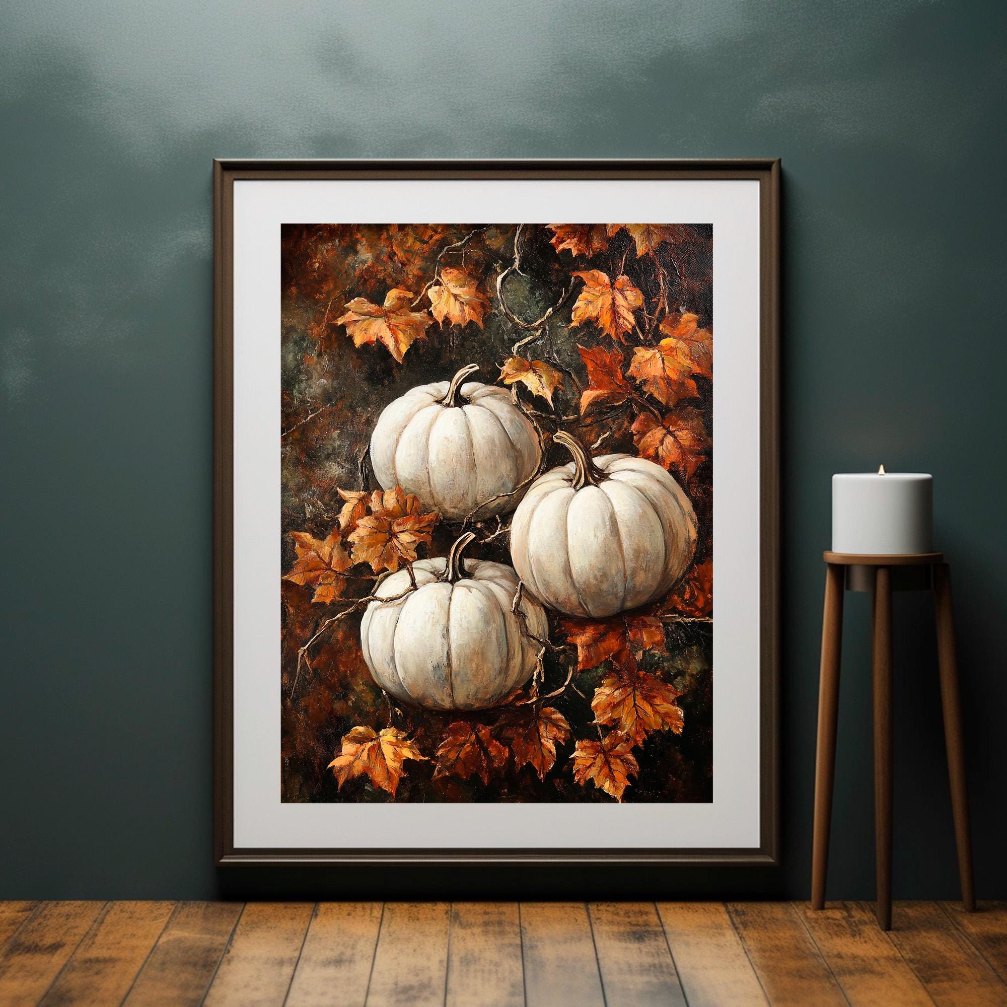 White Pumpkin Printable Wall Art, Rustic Autumn Harvest Print, Vintage ...