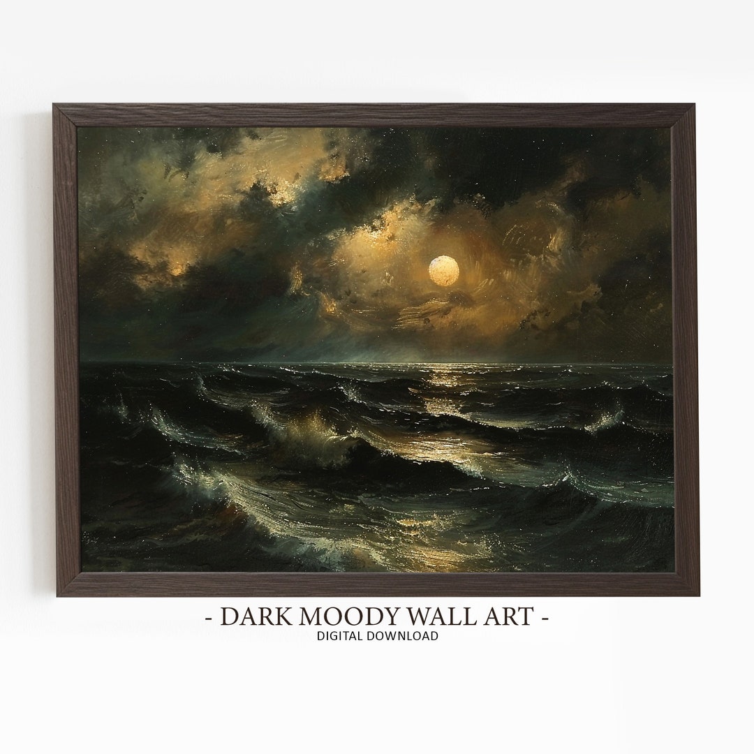 Moody Sea Moonlight Storm Print, Dark Seascape Painting, Ocean ...