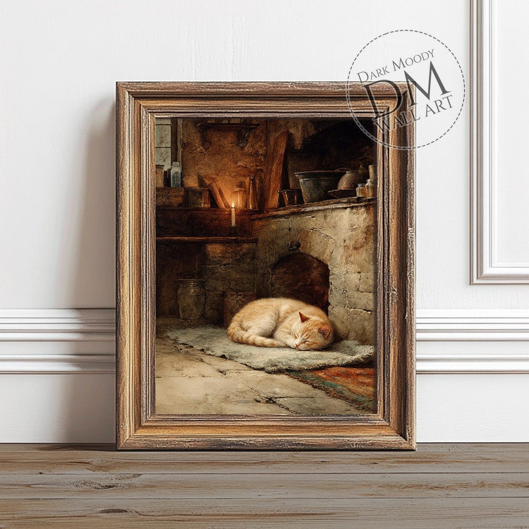 Sleeping Cat by the Hearth, Printable Dark Moody Wall Art, Rustic ...