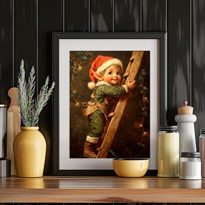 Christmas Elf Painting, Printable Vintage Christmas Wall Art, Farmhouse ...