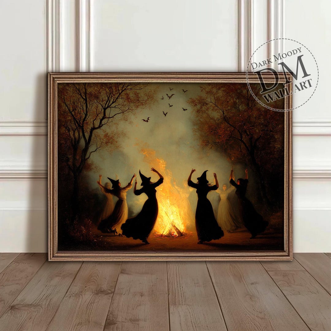 Witch Bonfire Dance Halloween Wall Art Print, Gothic Night Ritual Scene ...