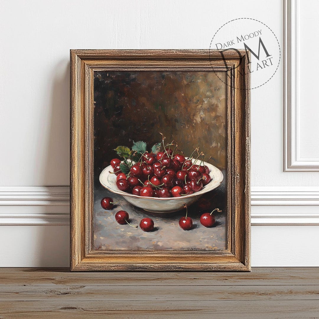 Vintage Cherries Still Life Printable Wall Art, Moody Kitchen Fruit ...