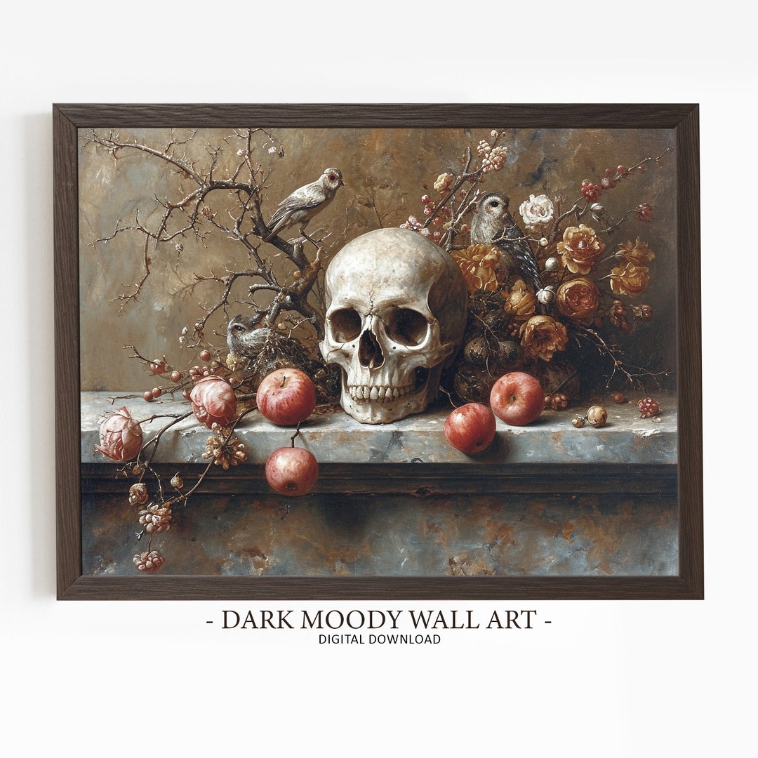 Antique Human Skull Print, Floral Gothic Painting, Halloween Art Prints ...