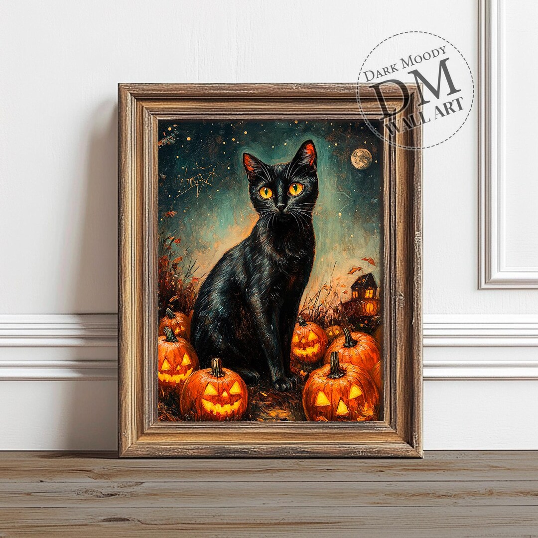 Black Cat With Pumpkins, Printable Dark Moody Wall Art, Spooky ...