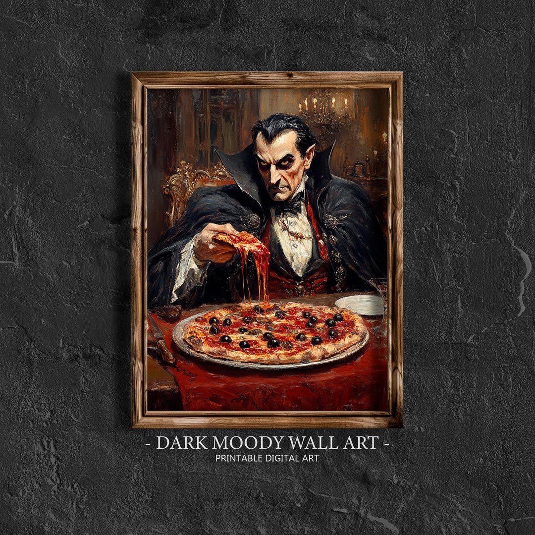 Dracula Vampire Eating Pizza, Printable Vintage Halloween Wall Art ...