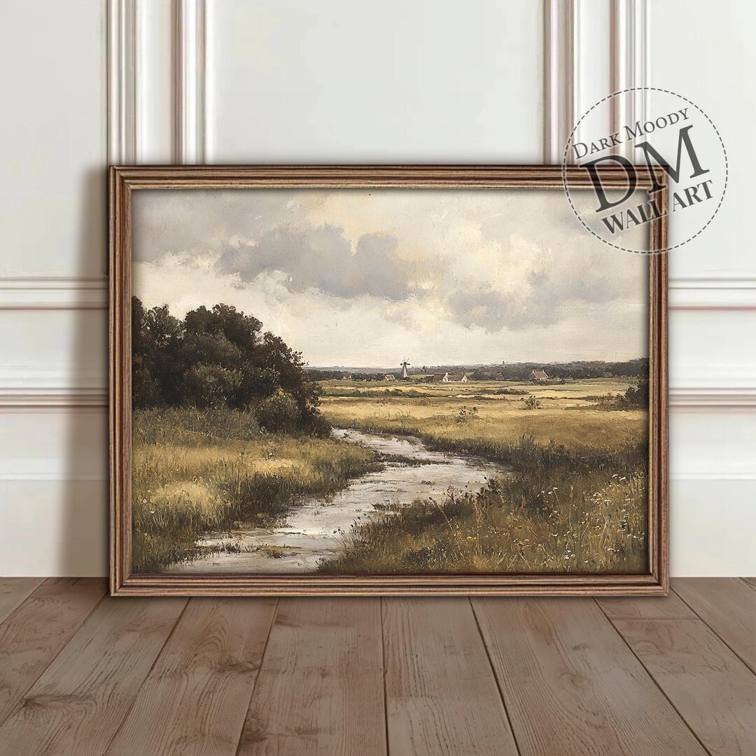 Countryside River Wall Art, Antique Oil Painting With Windmill and ...