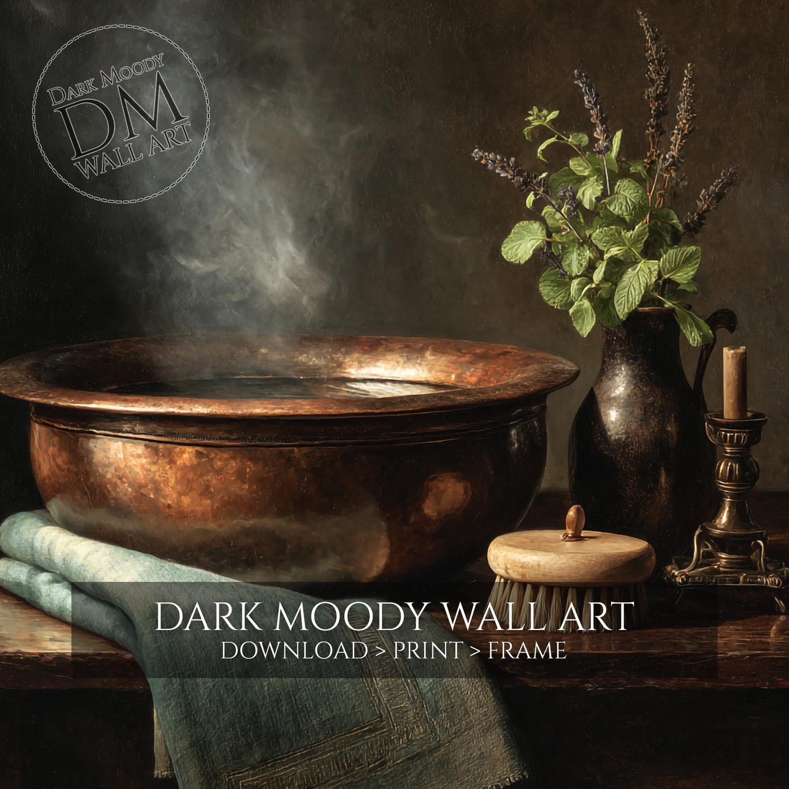 Bathroom Decor Printable Wall Art, Vintage Copper Basin With Candle ...