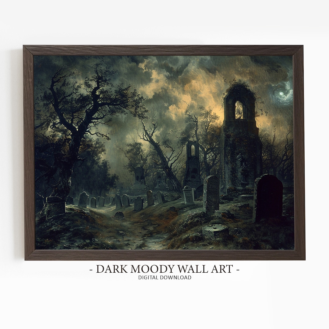Gothic Graveyard Painting, Cemetery Print, Dark Moody Art, Halloween ...
