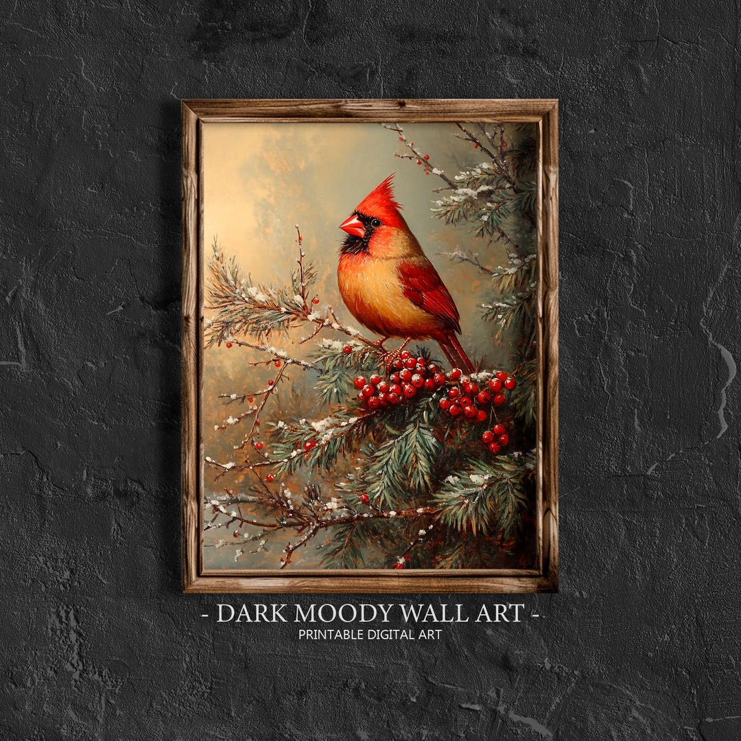 Printable Vintage Rustic Cardinal Winter Bird Wall Art Digital Country ...