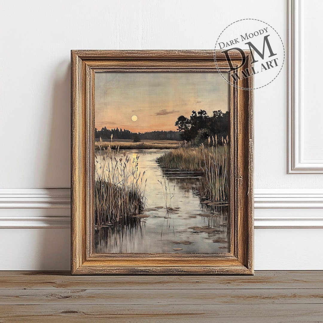 Vintage Moonlit Marsh Landscape Printable Wall Art, Moody Rustic Nature ...