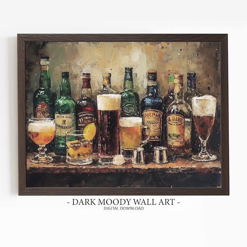 Irish Pub Bar Printable Wall Art, Rustic Whiskey and Beer Still Life ...