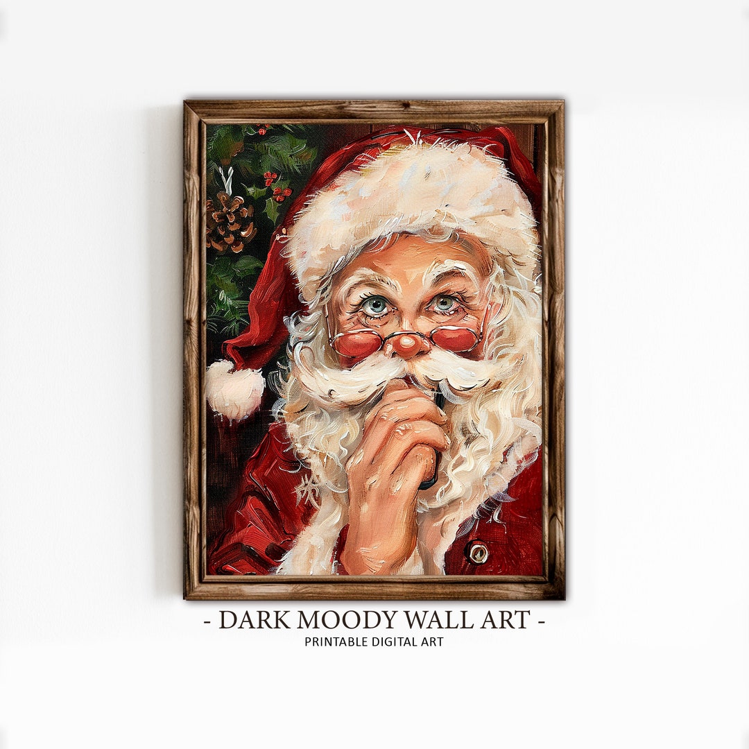 Winking Santa Claus Portrait, Printable Dark Moody Wall Art, Vintage ...