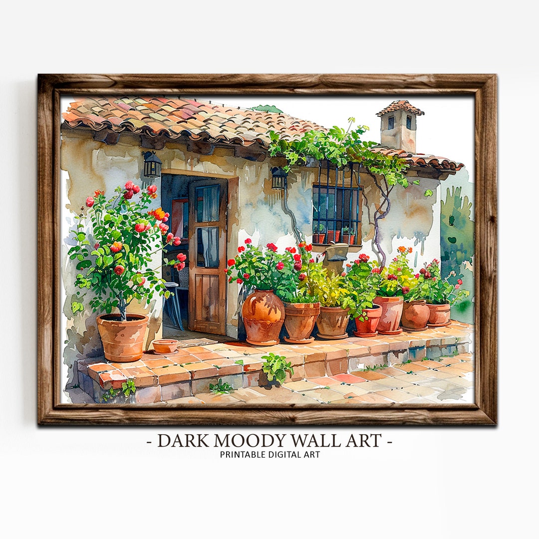 Mexican Patio Printable Wall Art, Rustic Clay Pots & Flowers, Vintage ...