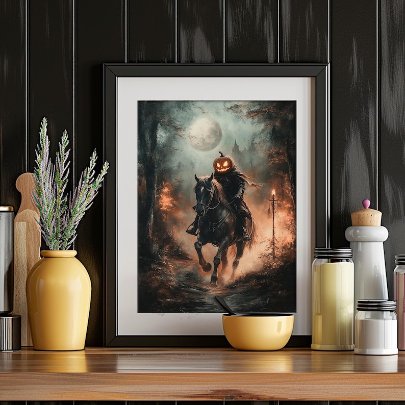 Headless Horseman Halloween Printable Wall Art, Gothic Spooky Pumpkin ...