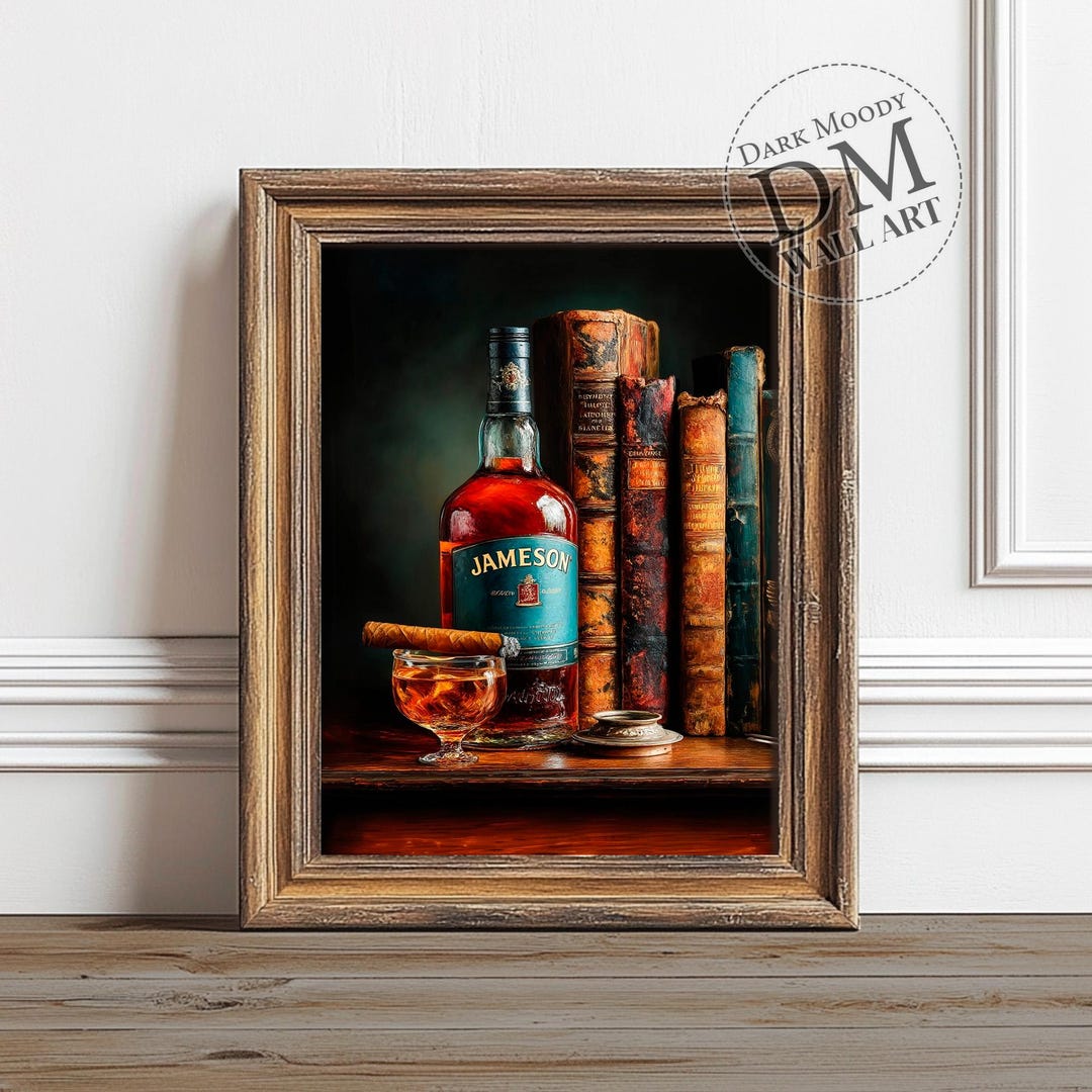 Masculine Whiskey Printable Wall Art, Vintage Books & Cigar Bar Print ...