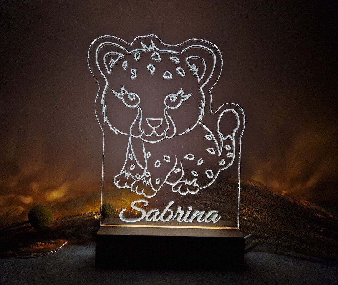 Night Light, Table Lamp acrylic and LED Customizable Cheetah First Name ...