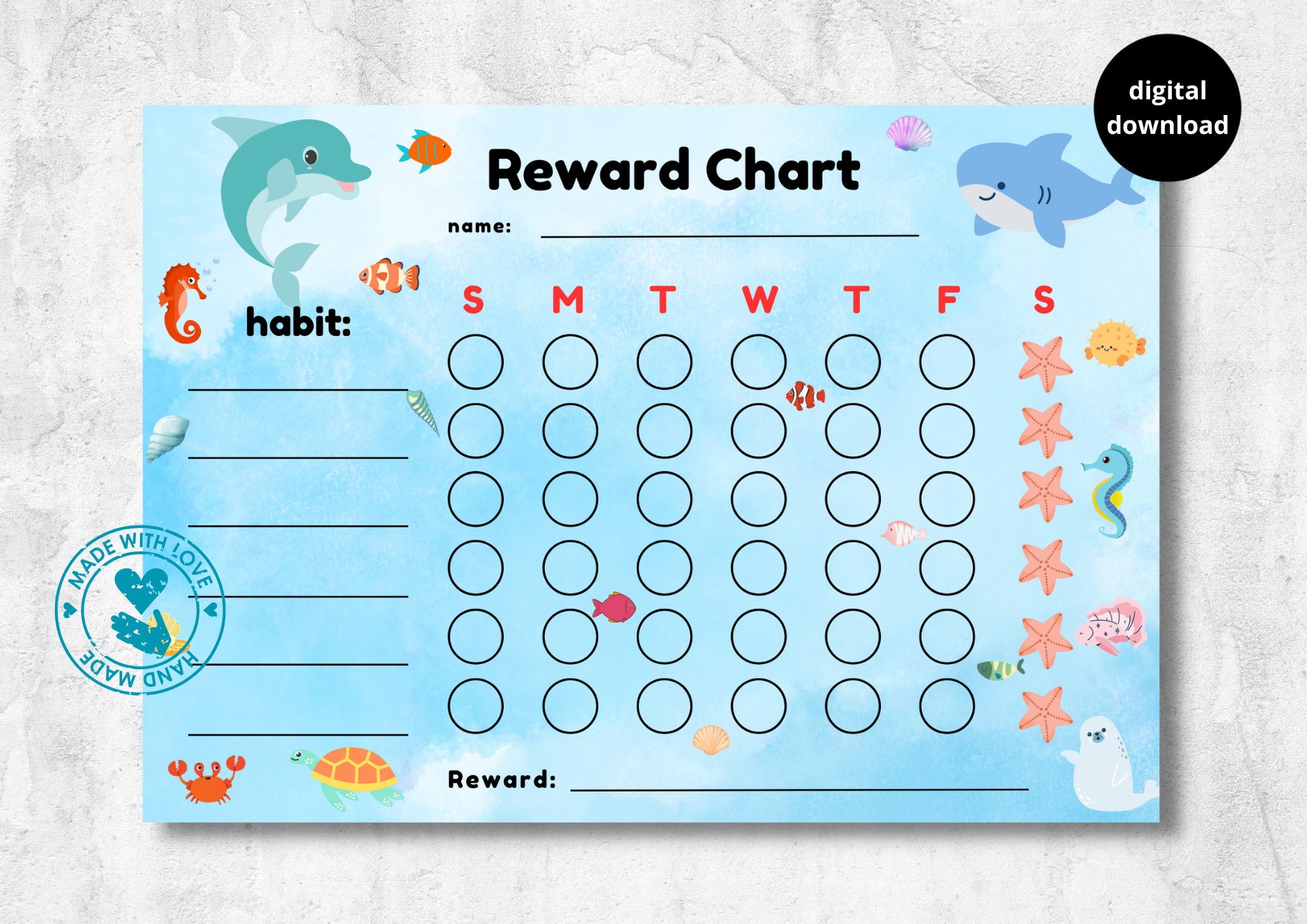 Sea Animal Reward Chart for Kids, Dolpins, Sharks, Habit Tracker ...