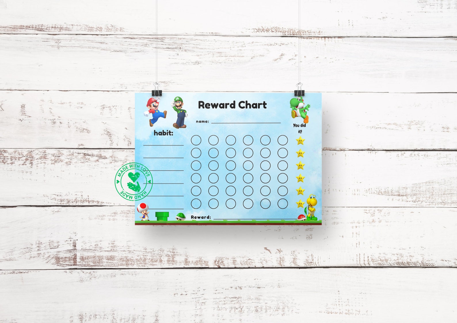 Mario Reward Chart for Kids, Combination Deal, Mario, Luigi, Toad ...