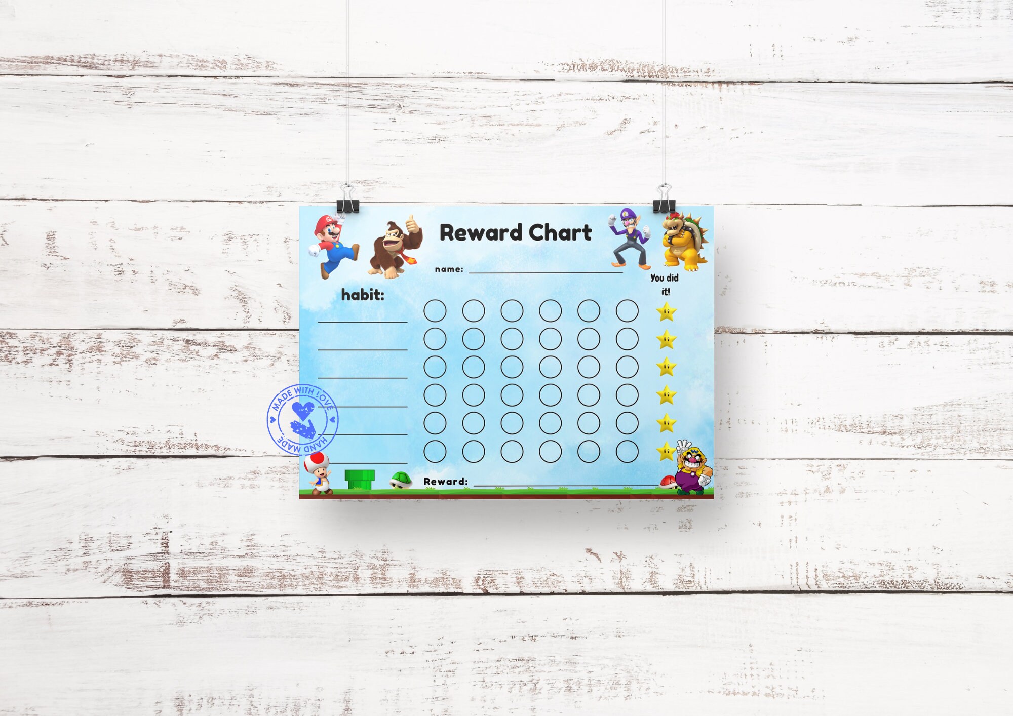 Mario Reward Chart for Kids, Bowser, Donkey Kong, Habit Tracker ...