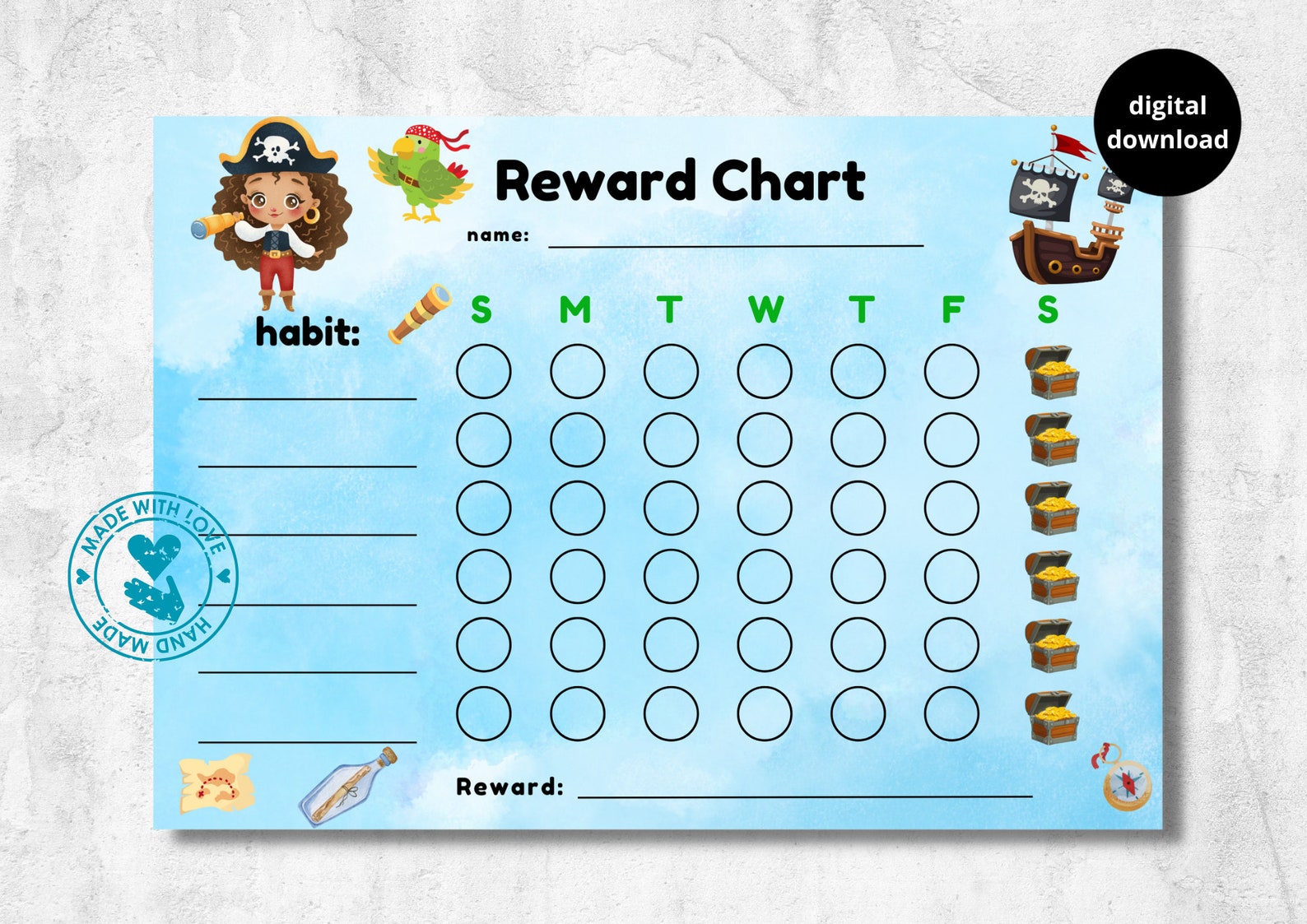 Pirate Girl Reward Chart for Kids Habit Tracker Behaviour - Etsy