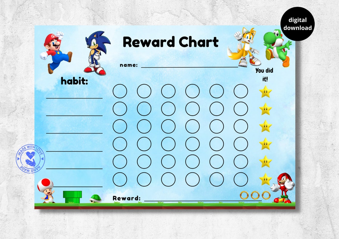 Mario and Sonic Reward Chart for Kids, Sonic the Hedgehog, Behaviour Chart, Habit Tracker, Yoshi ...