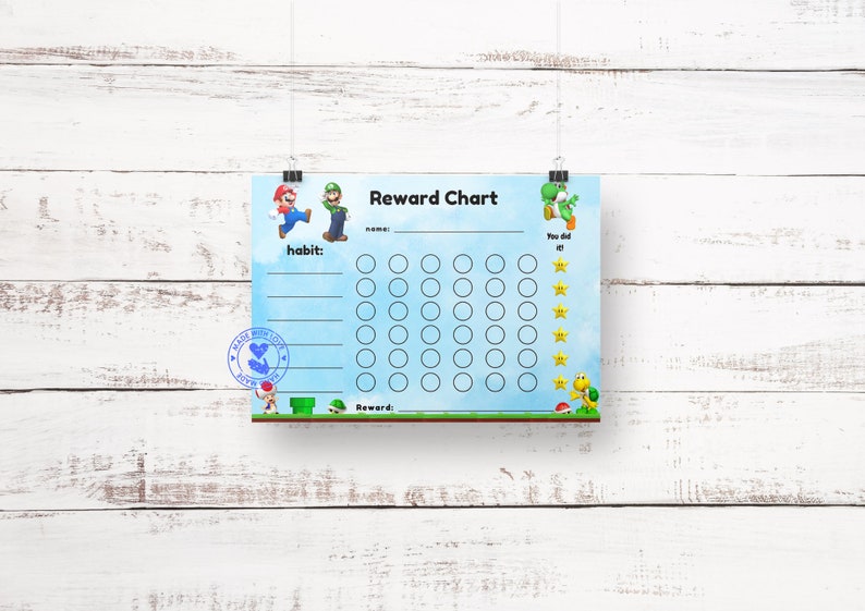 Mario Reward Chart for Kids, Mario, Luigi, Toad, Koopa Troopa, Yoshi ...