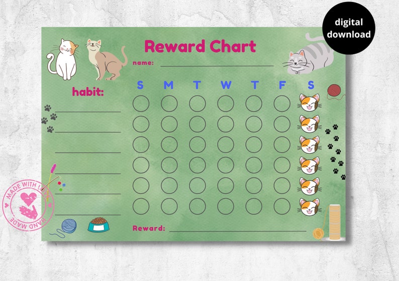 Cat Themed Reward Chart for Kids, Behavior Chart, Habit Tracker ...
