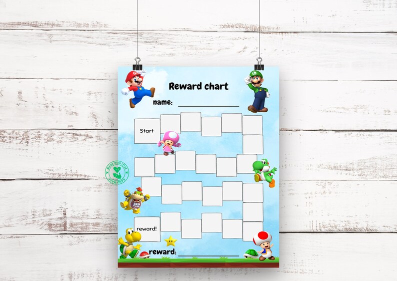 Mario Reward Chart for Kids, Mario, Luigi, Yoshi, Toad, Toadette, Koopa ...