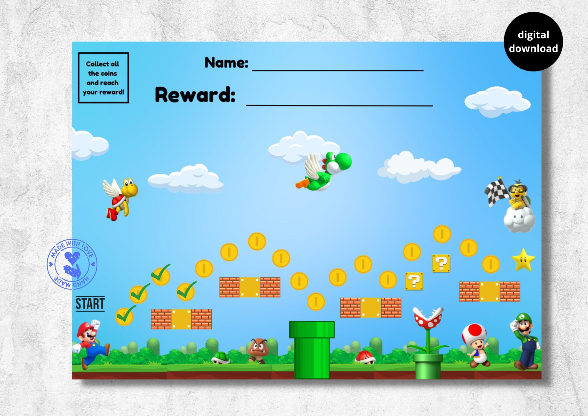 Mario Reward Chart for Kids Mario Bros Luigi Yoshi - Etsy Canada