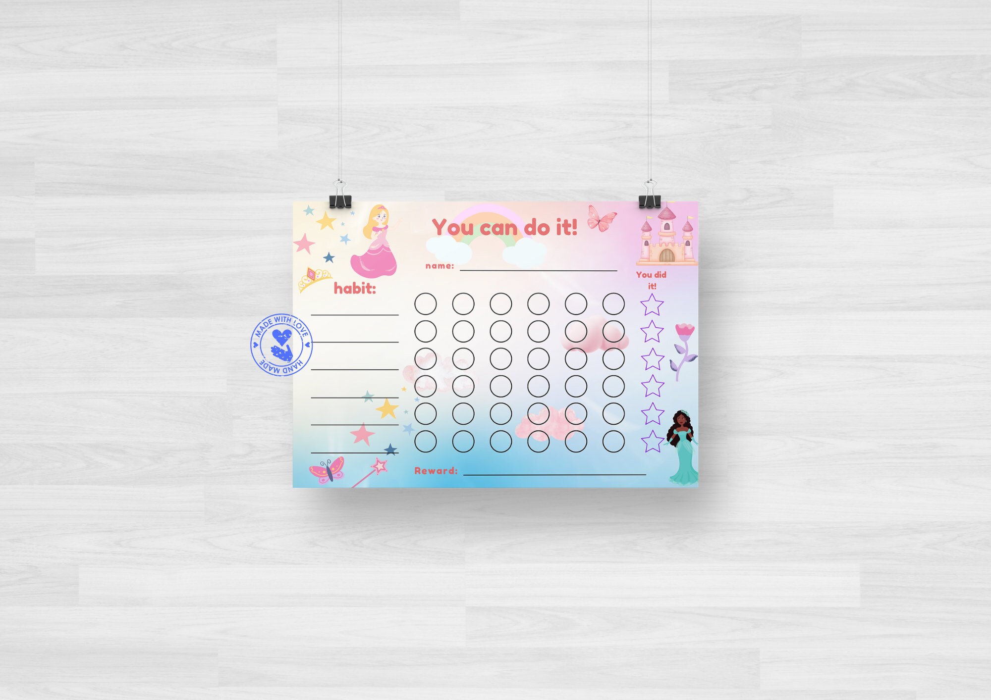Princess Themed Reward Chart for Kids, Beautifull Castle, Rainbow ...