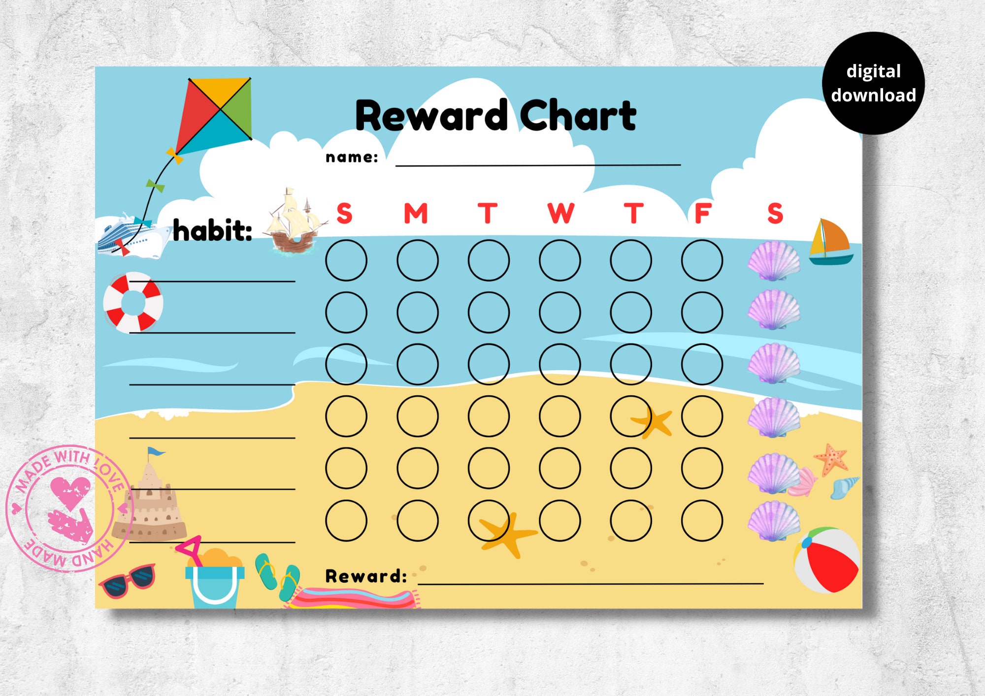 Summer Reward Chart for Kids, Beach Reward Chart, Behavior Chart, Habit ...