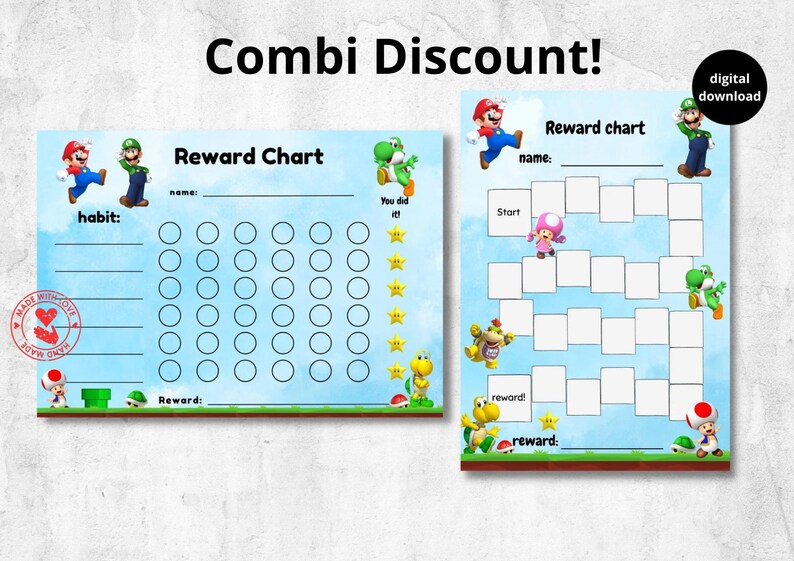 Mario Reward Chart for Kids, Combination Deal, Mario, Luigi, Toad ...