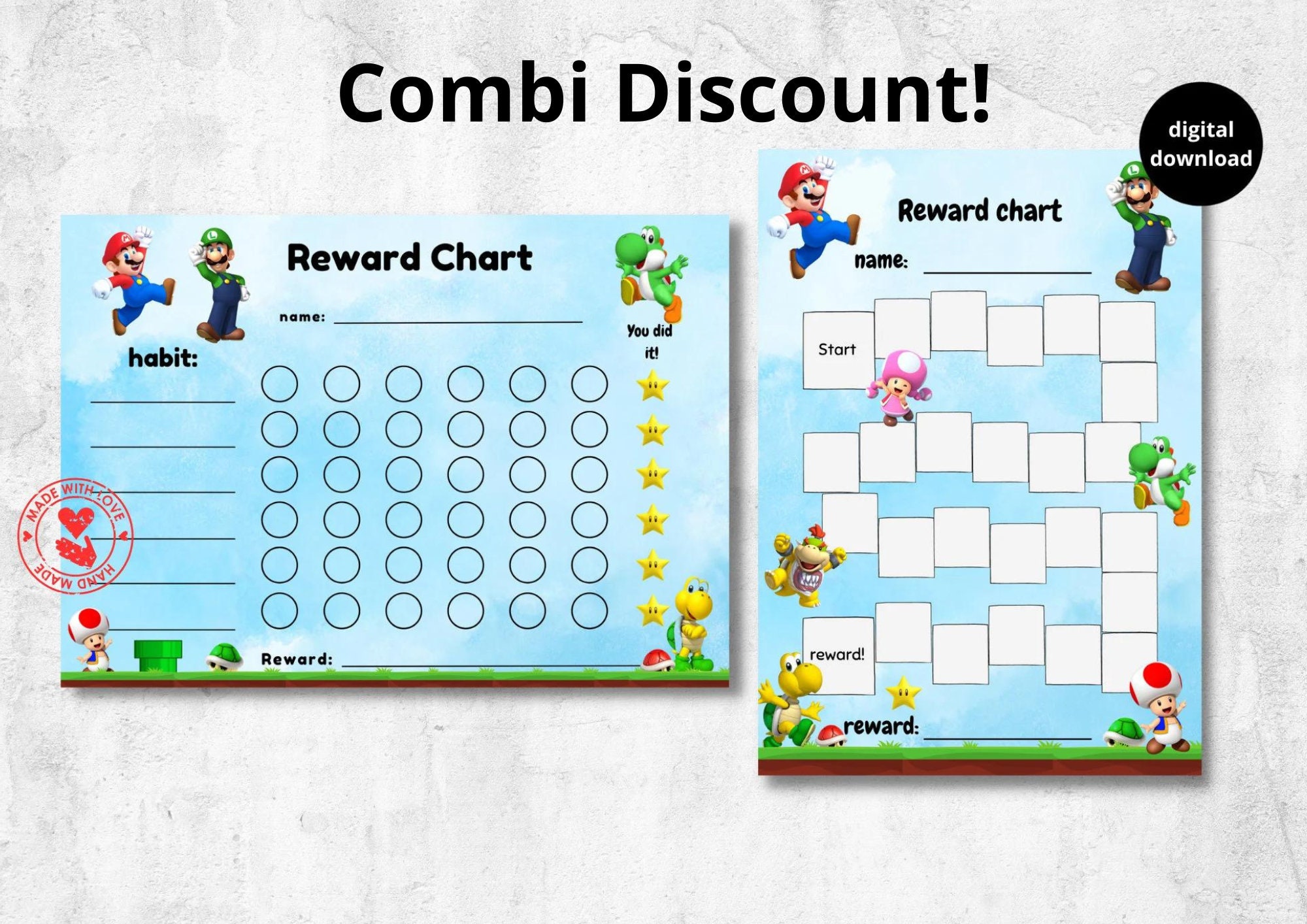 Mario Reward Chart for Kids, Combination Deal, Mario, Luigi, Toad ...