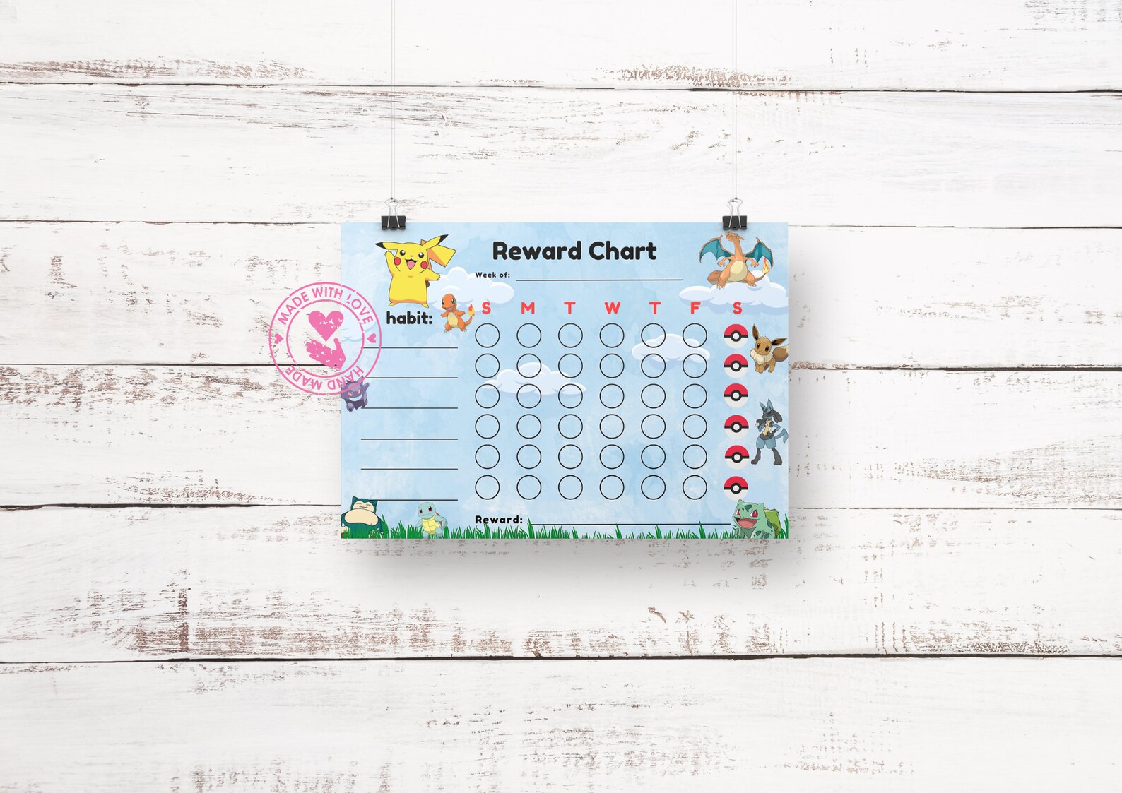 Pokémon Reward Chart for Kids, Habit Tracker, Pokemon, Pikachu, Snorlax ...