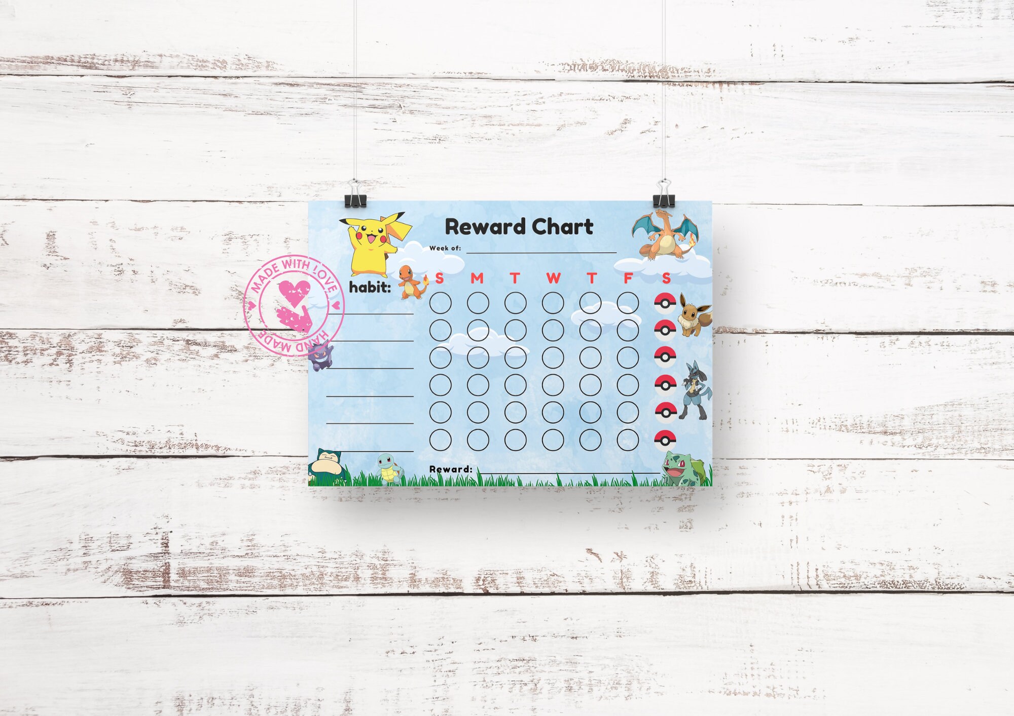 Pokémon Reward Chart for Kids, Habit Tracker, Pokemon, Pikachu, Snorlax ...