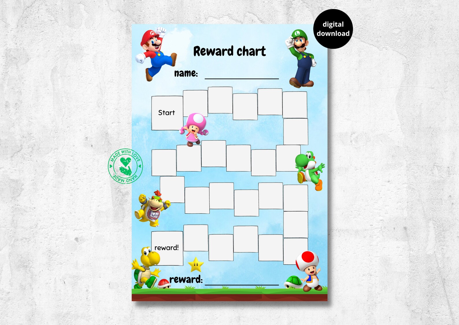 Mario Reward Chart for Kids, Mario, Luigi, Yoshi, Toad, Toadette, Koopa ...