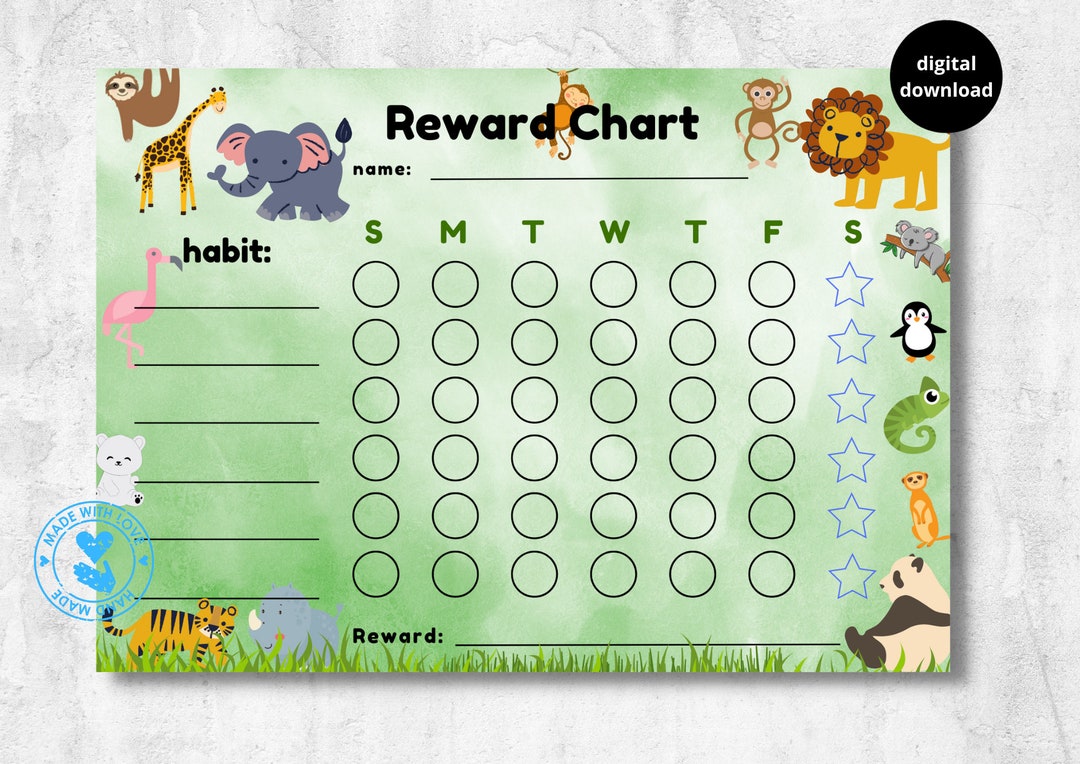 Animal Reward Chart for Kids, Zoo Animals, Lion, Rhino, Panda Bear ...