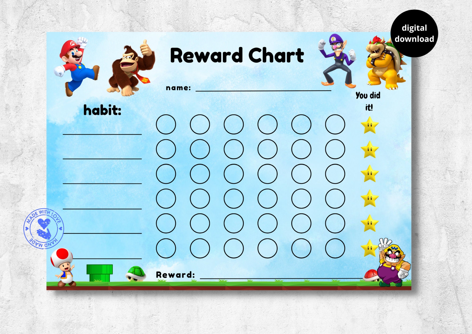 Mario Reward Chart for Kids, Bowser, Donkey Kong, Habit Tracker ...