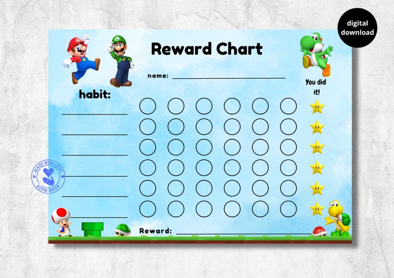 Mario Reward Chart for Kids Mario Luigi Toad Koopa Troopa - Etsy