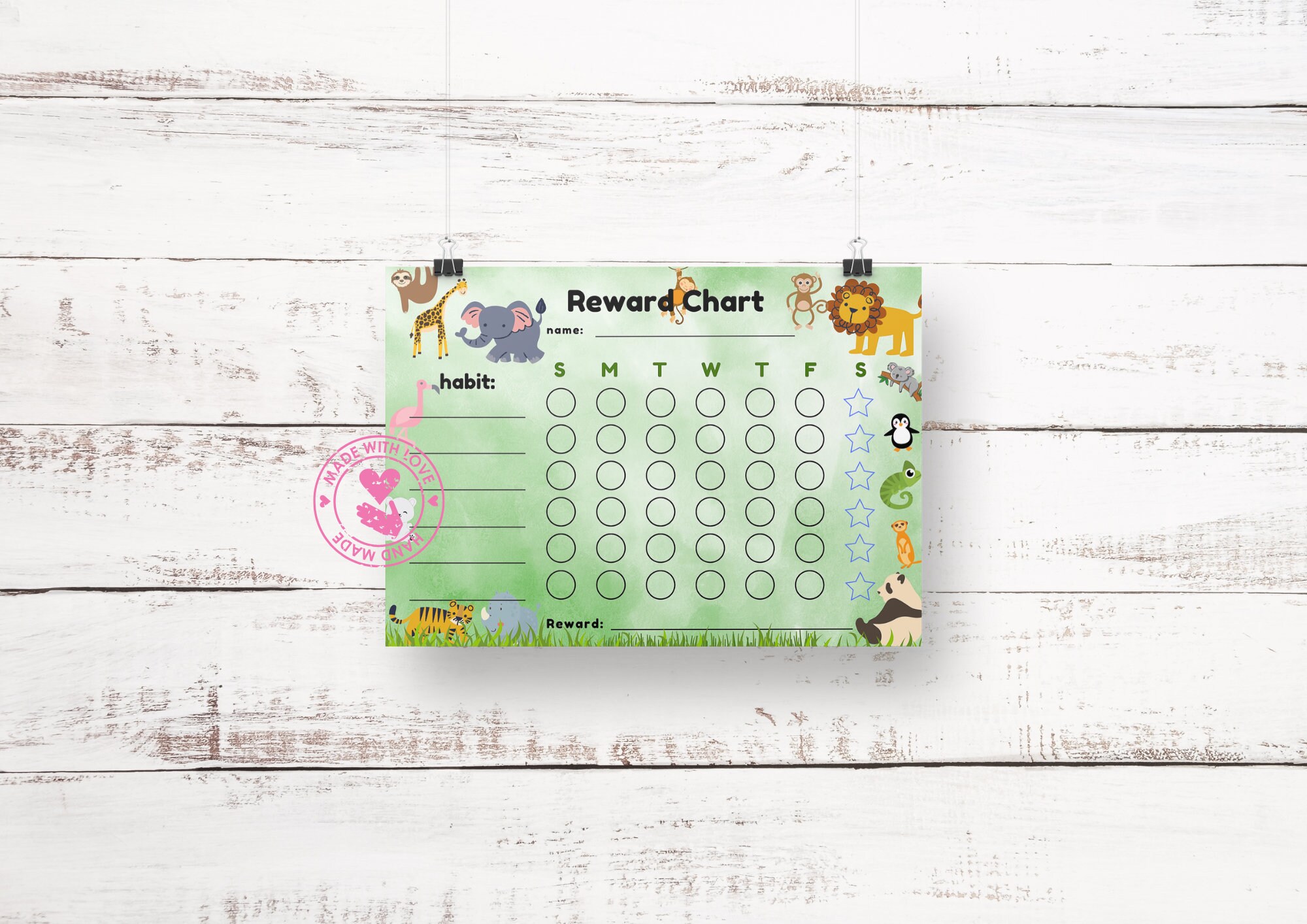 Animal Reward Chart for Kids, Zoo Animals, Lion, Rhino, Panda Bear ...