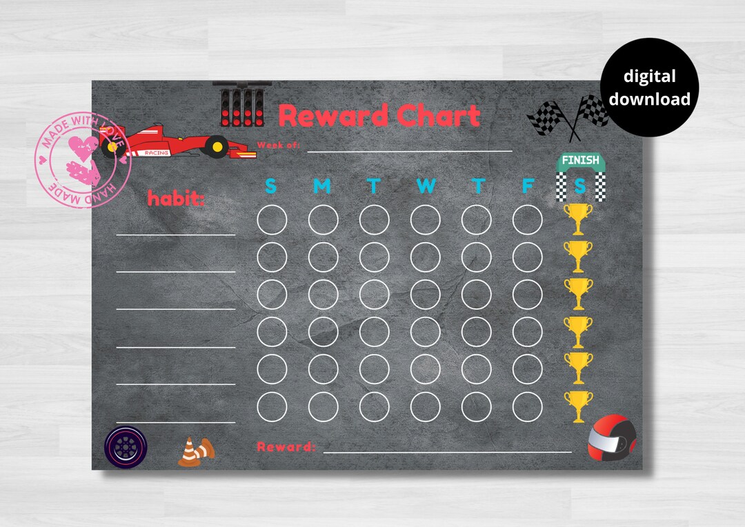 Race Car Reward Chart for Kids, Formula 1, Habit Tracker, Behaviour ...