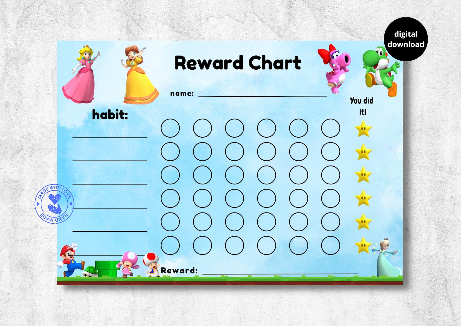 Peach Mario Reward Chart for Kids, Peach, Daisy, Yoshi, Rosalina ...